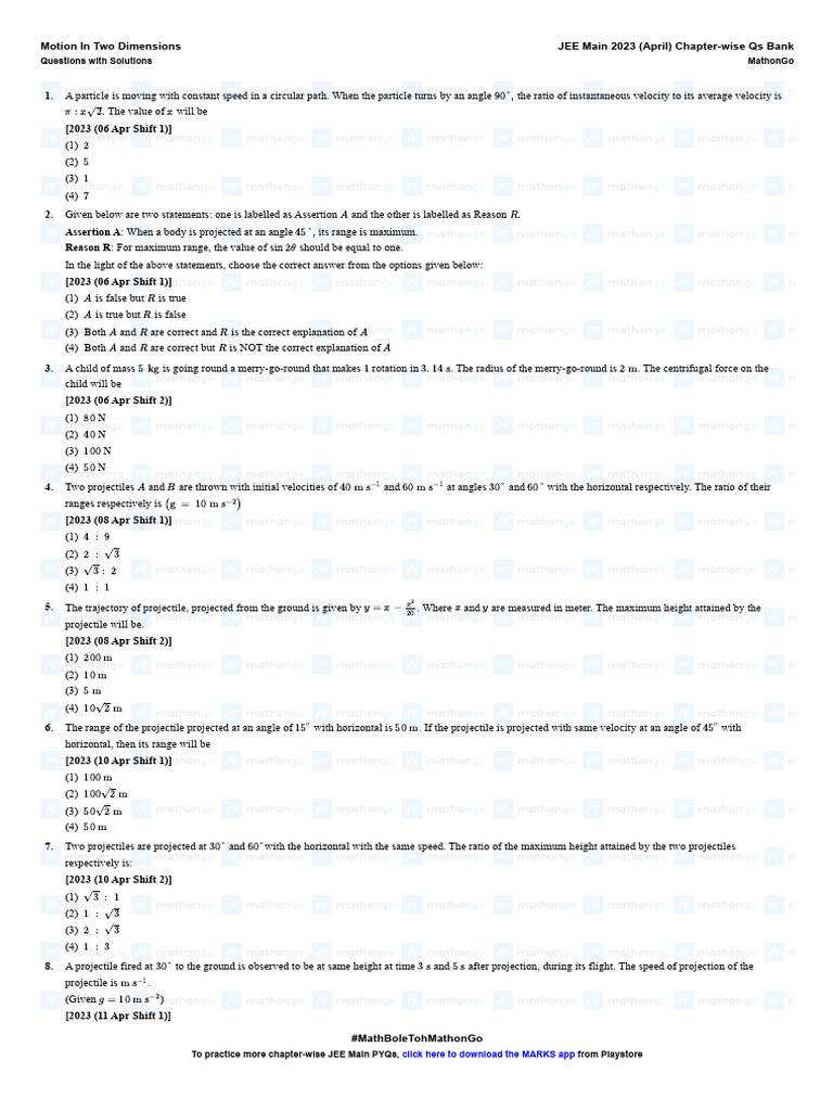 Motion in Two Dimensions - JEE Main 2023 April Chapterwise PYQ ...