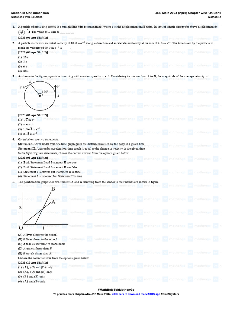 Motion in One Dimension - JEE Main 2023 April Chapterwise PYQ - MathonGo | PDF