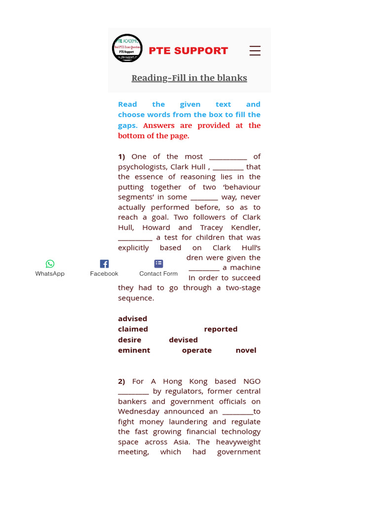 Reading - Fill in The Blanks - PTE Question Bank | PDF