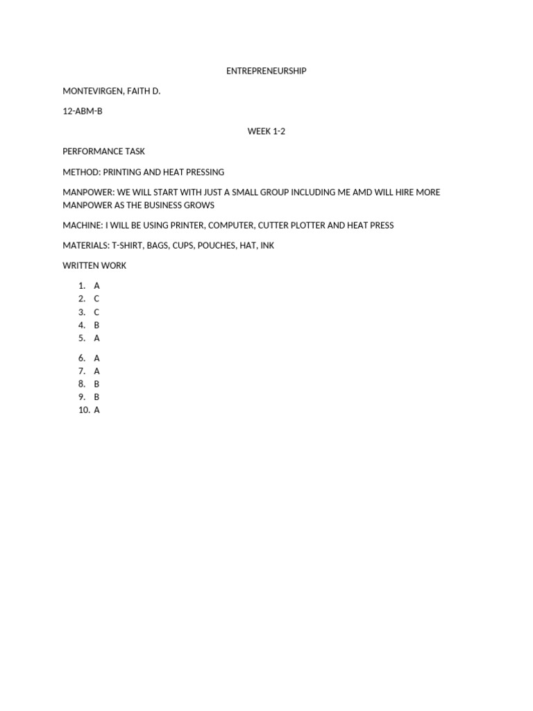 Montevirgen - Entrepreneurship Week 1-2 | PDF