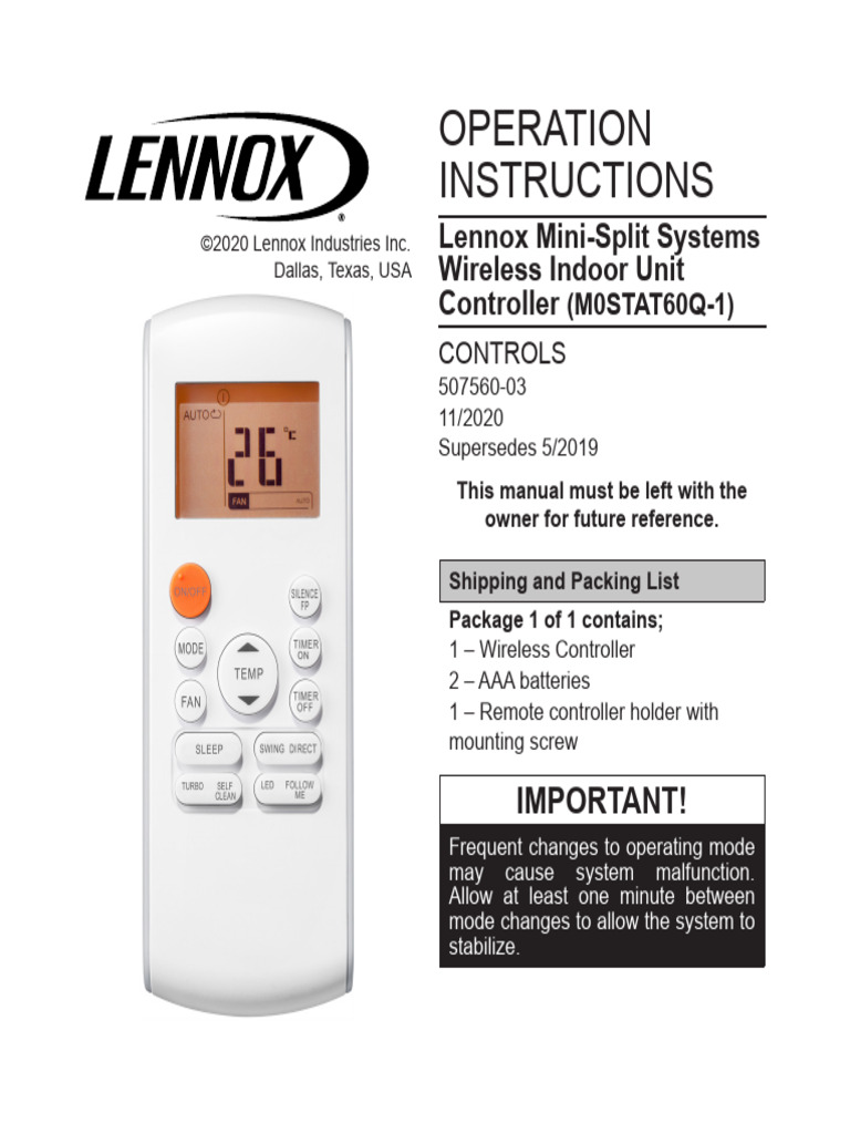 Lennox Minisplit Wireless Remote M0STAT60Q 1 User Manual | PDF