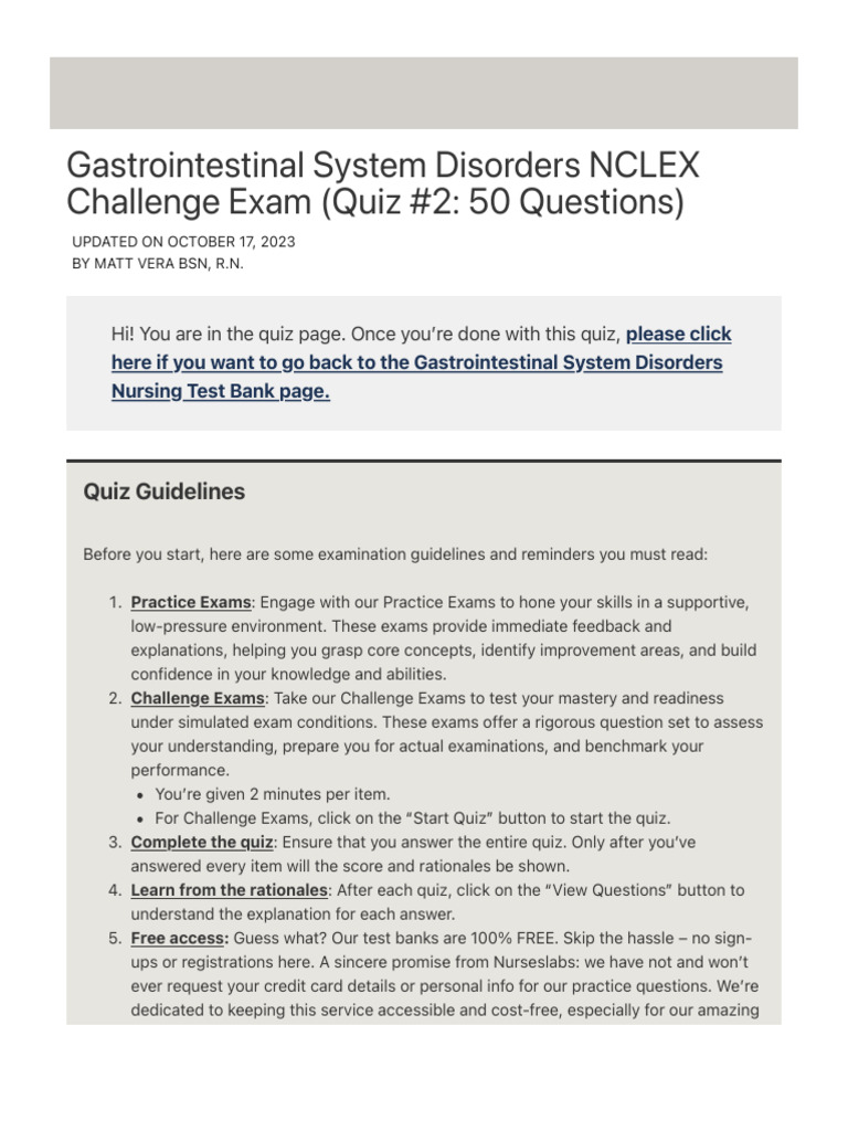 Nclex Gastrointestinal Disorders Quiz Pdf Platelet