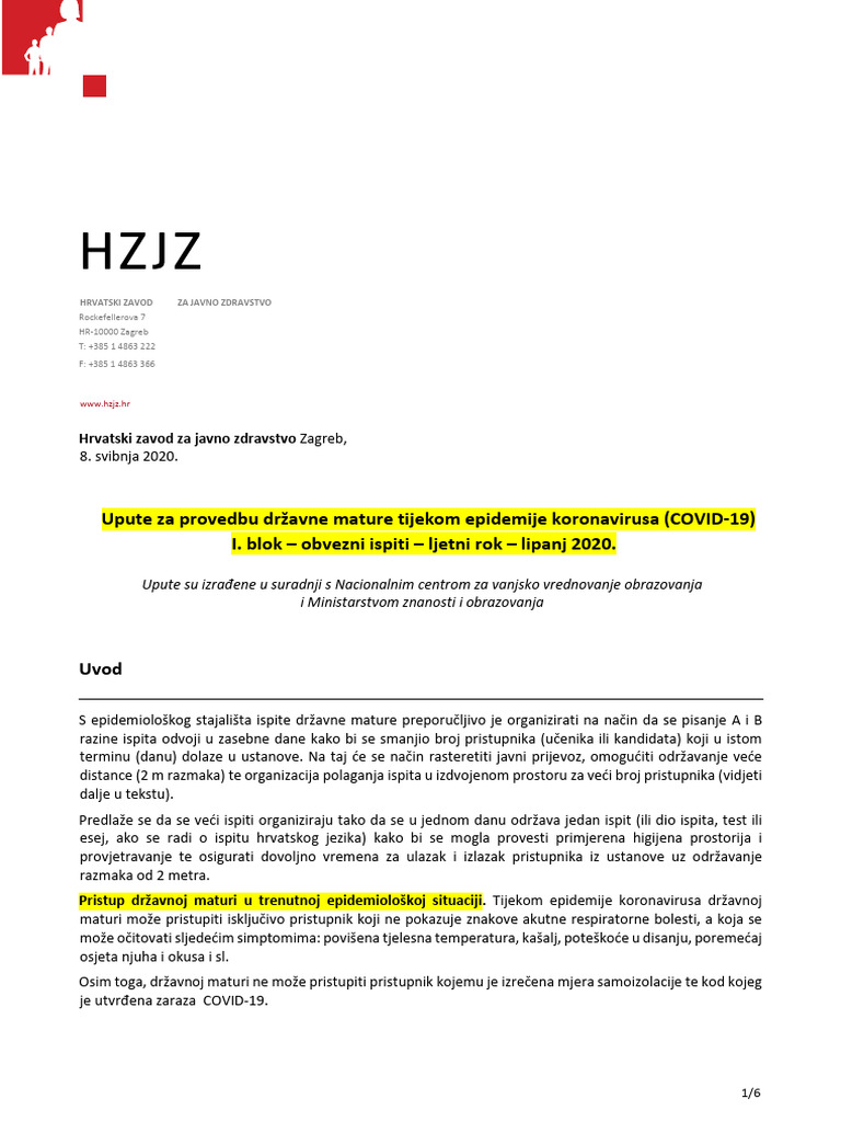 Upute Za Provedbu Drzavne Mature Tijekom Epidemije Koronavirusa - I - BLOK | PDF