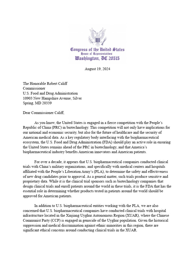 8.19.24 FDA Letter On PLA Trials | PDF | Food And Drug Administration ...