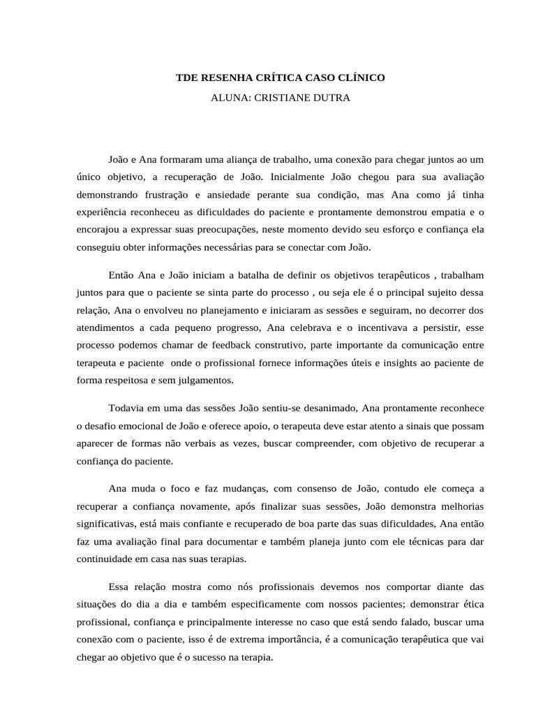 Tde Resenha Crítica Caso Clínico | PDF
