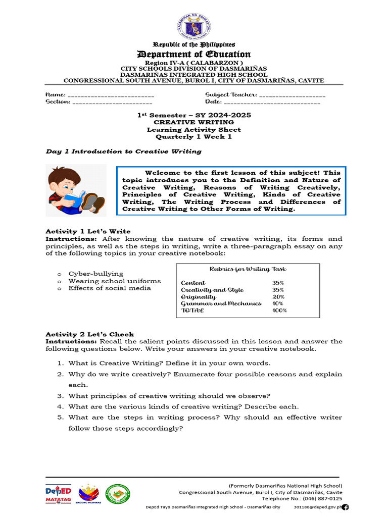 Las Creative Writing Week 1 Day 1 and 2 | PDF