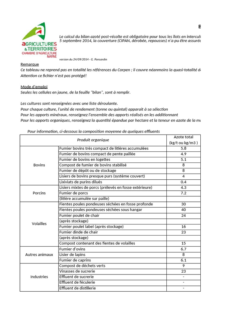 Calcul Bilan Azote Post Recolte CA51 v2017 Excel 97-2003 | PDF