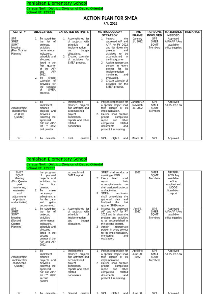 ACTION PLAN For SMEA 2022 PANLAISAN ES | PDF | Finance & Money Management | Technology & Engineering