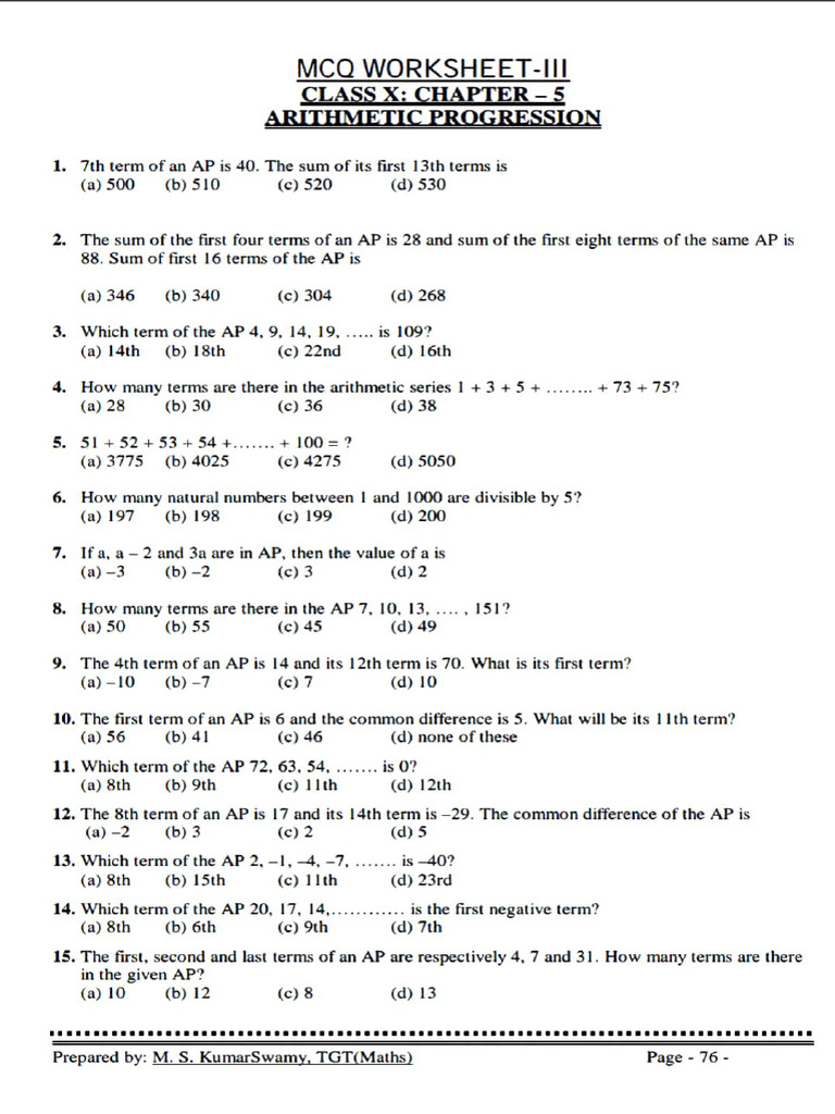 Arithmetic Progression MCQ's Worksheet | PDF