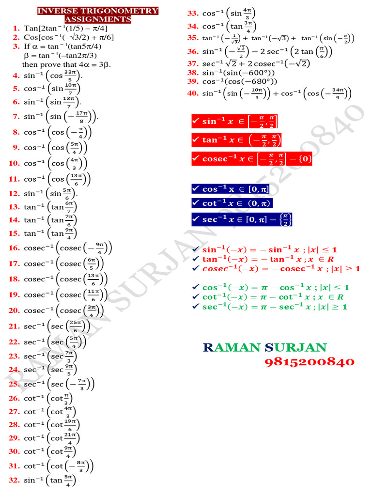 Inverse Trigonometry Assignments | PDF