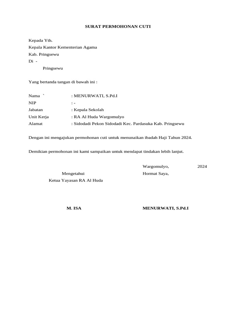 Surat Ijin Cuti Haji | PDF