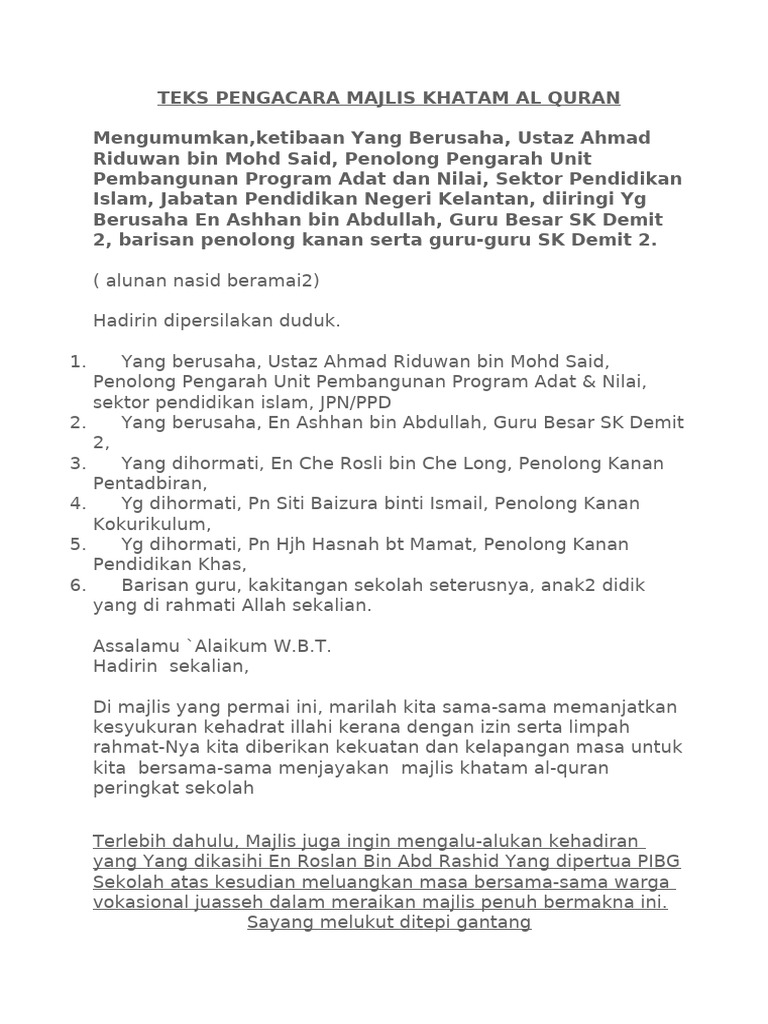 Teks Pengacara Majlis Khatam Al Quran | PDF