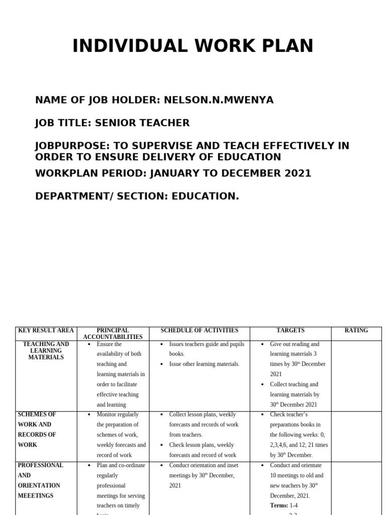 Individual Work Plan MR Lengwe TR | PDF