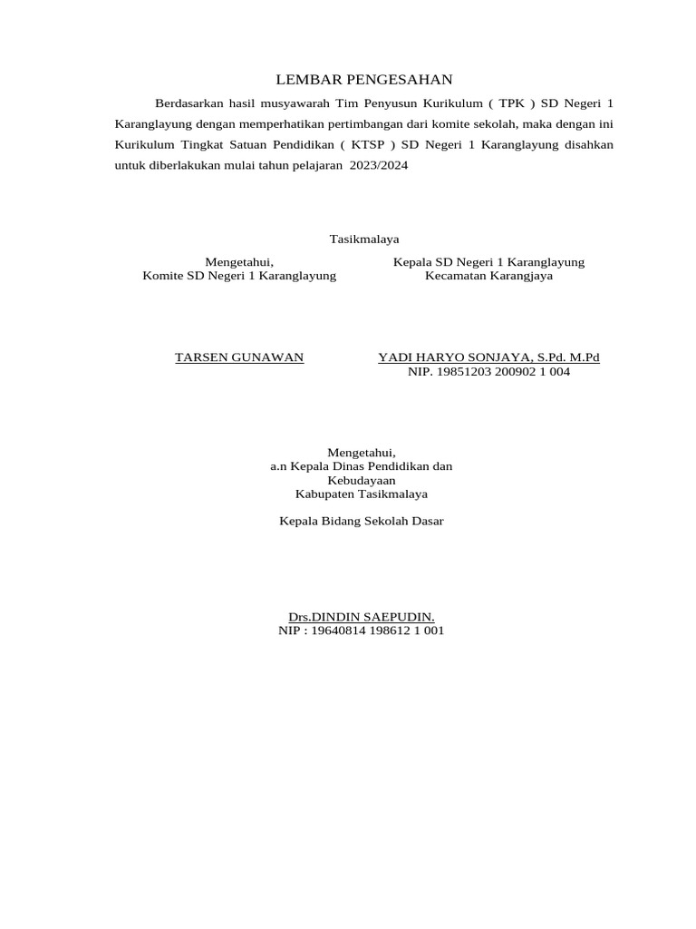 Lembar Pengesahan KTSP 2022-2023 | PDF