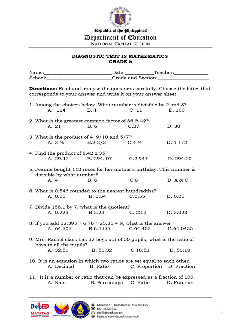 Diagnostic Test in Mathematics G5 RTP | PDF