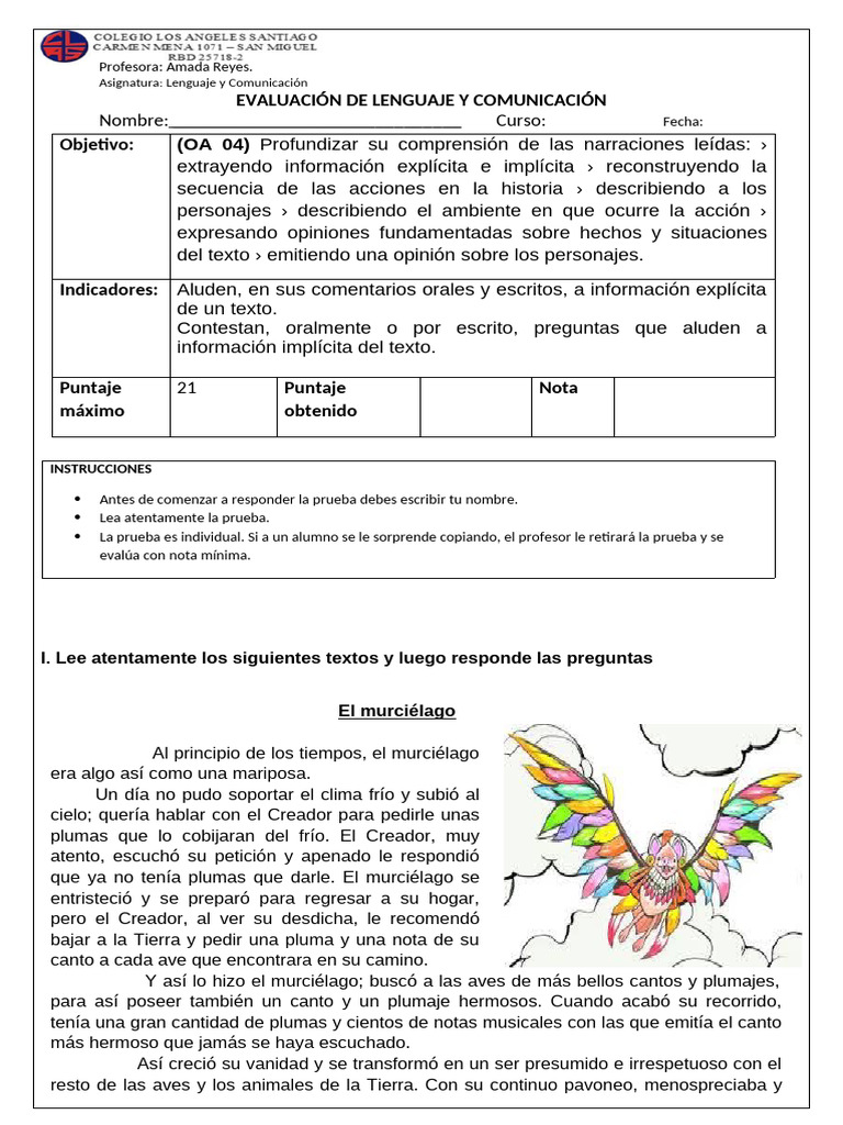 Prueba Comprensión Lectora 3ro Básico | PDF