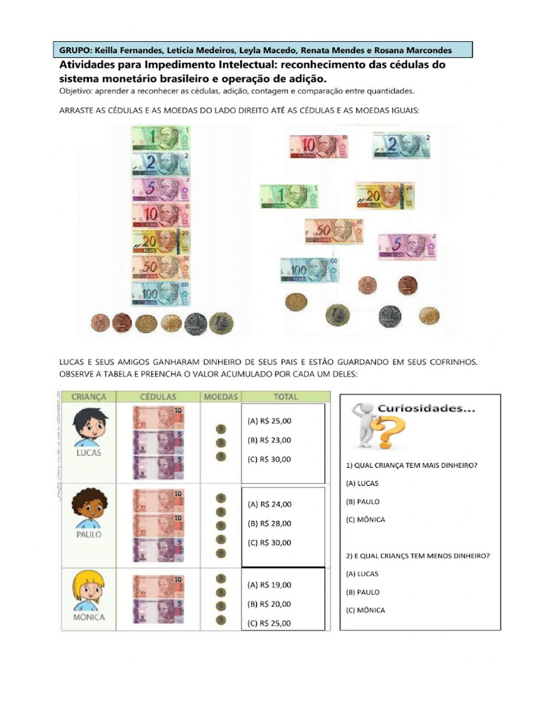 Matematica Atividade Cédulas e Moedas Do Sistema Monetário Brasileiro ...