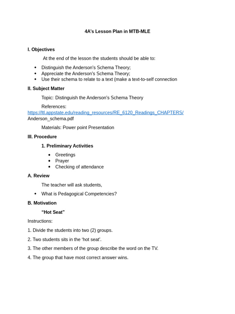 4a's Lesson Plan in MTB-MLE | PDF