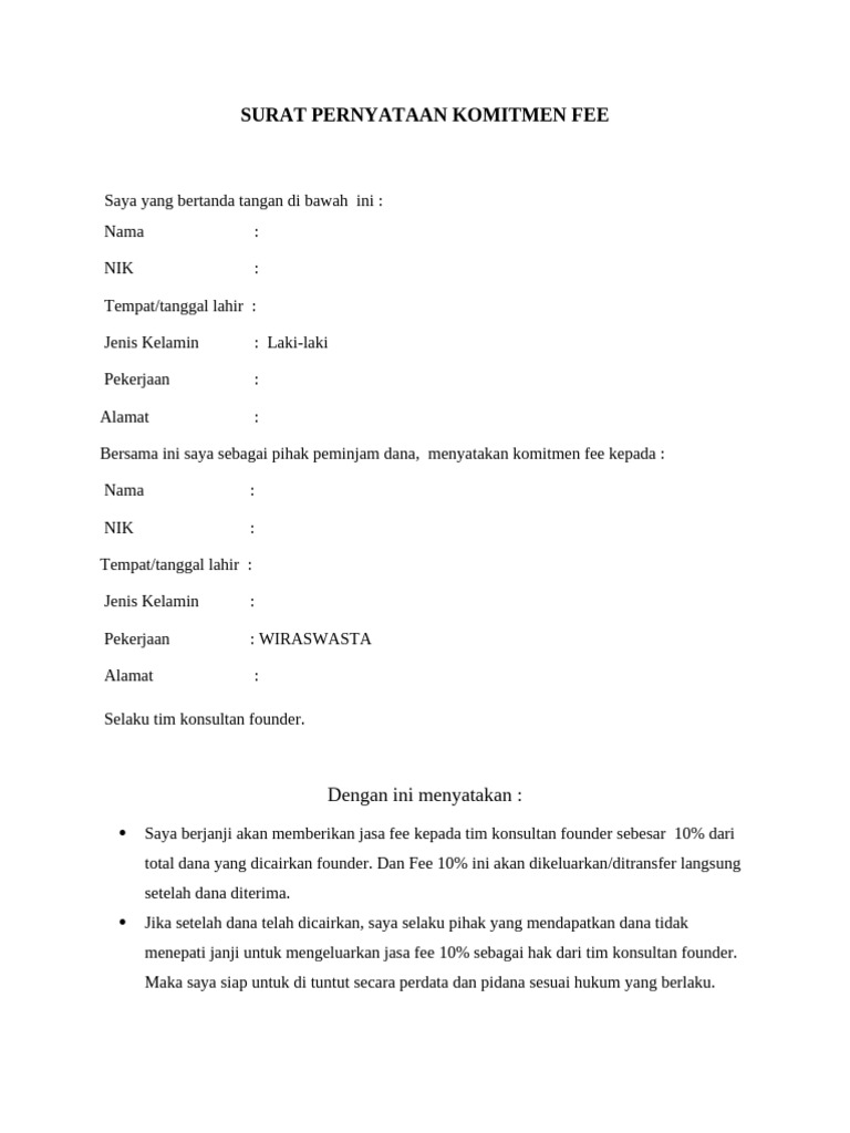 Surat Pernyataan Komitmen Fee Konsultan | PDF