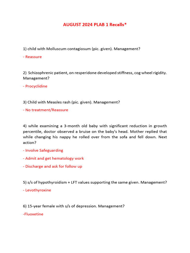 August 2024 Plab 1 Recalls | PDF | Elbow | Schizophrenia