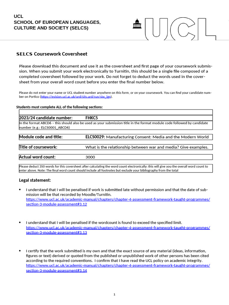 Coursework Coversheet: UCL School of European Languages, Culture and ...