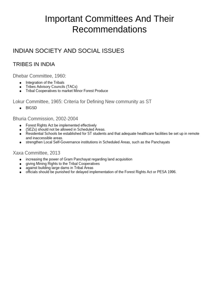 Important Committees and Their Recommendations | PDF