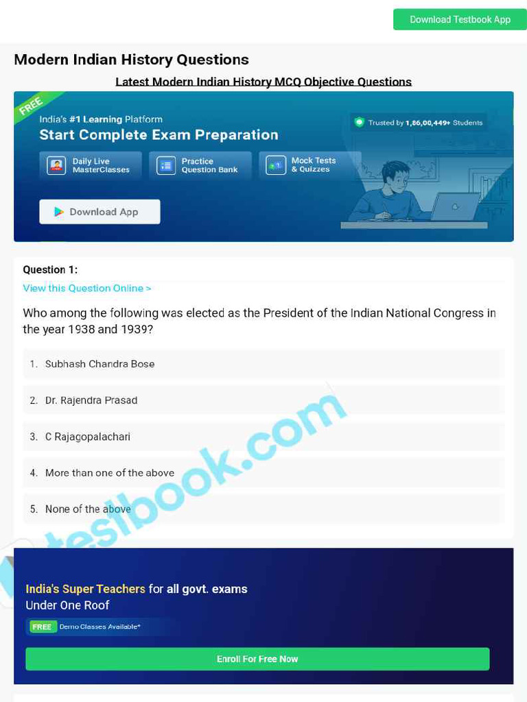 MCQ On Modern Indian History 5fc426dea1bc541cc2ffc69d | PDF