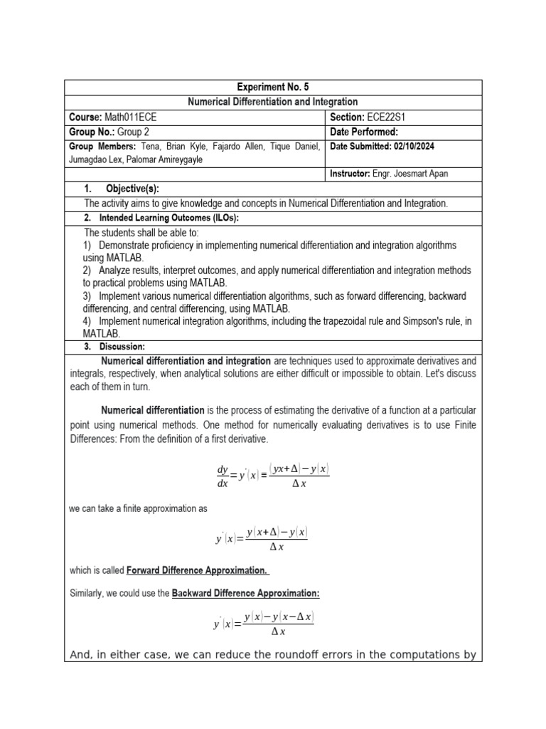Topic - Numerical Differentiation and Integration | PDF