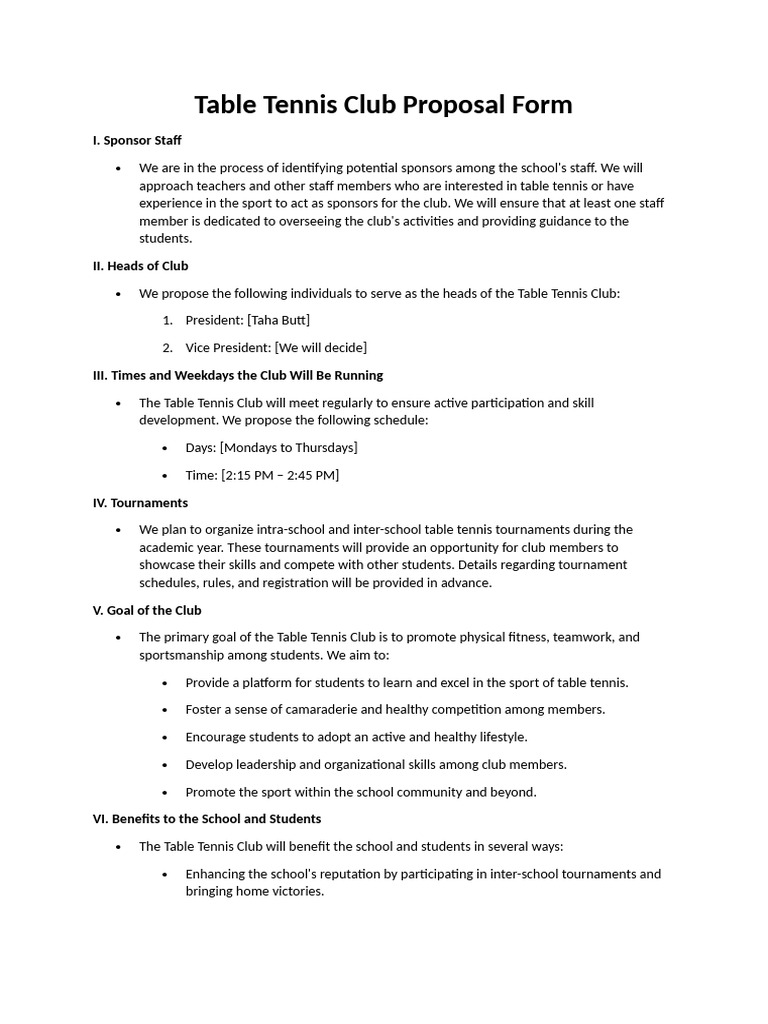 Table Tennis Club Proposal Form | PDF | Sports | Career & Growth
