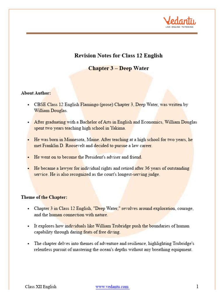 CBSE English Chapter 3 Deep Water Class 12 Notes - FREE PDF Download | PDF