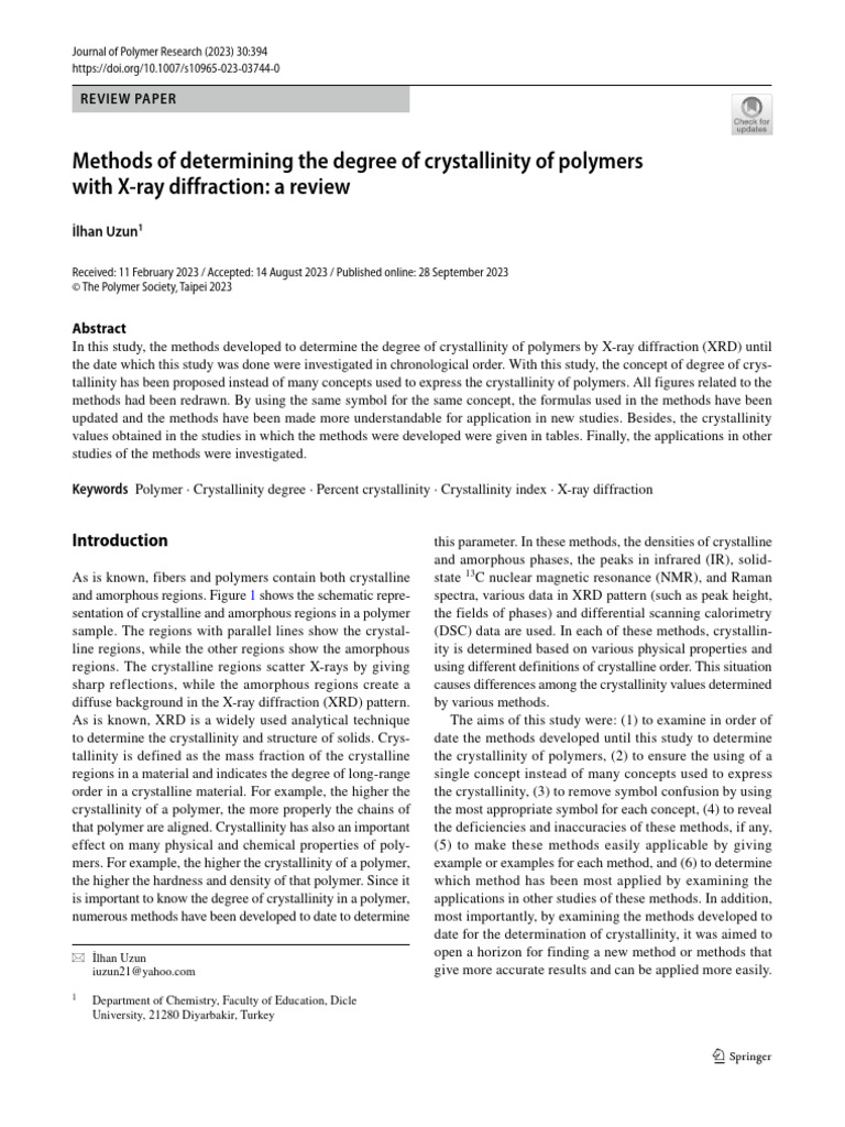 Methods of Determining The Degree of Crystallinity of Polymers With X Ray Diffraction: A Review ...