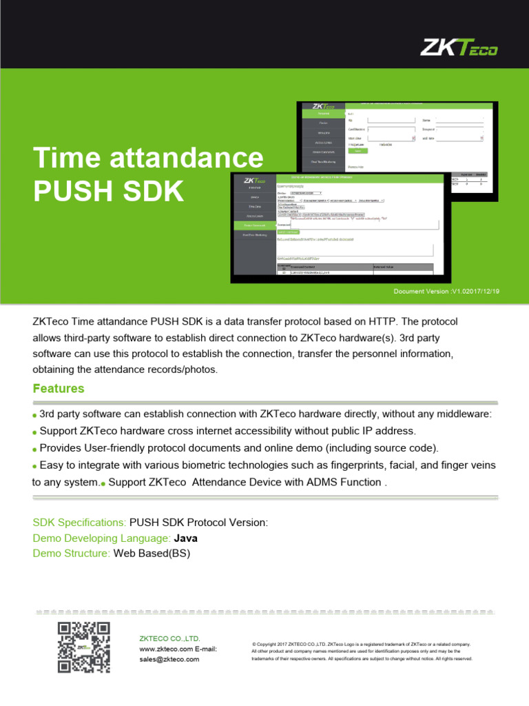 ZKTeco Time Attandance PUSH SDK Leaflet-V1.0 | PDF
