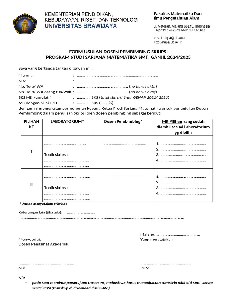 Form Usulan Dosen Pembimbing Skripsi PSSM Genap 2024 2025 2 | PDF