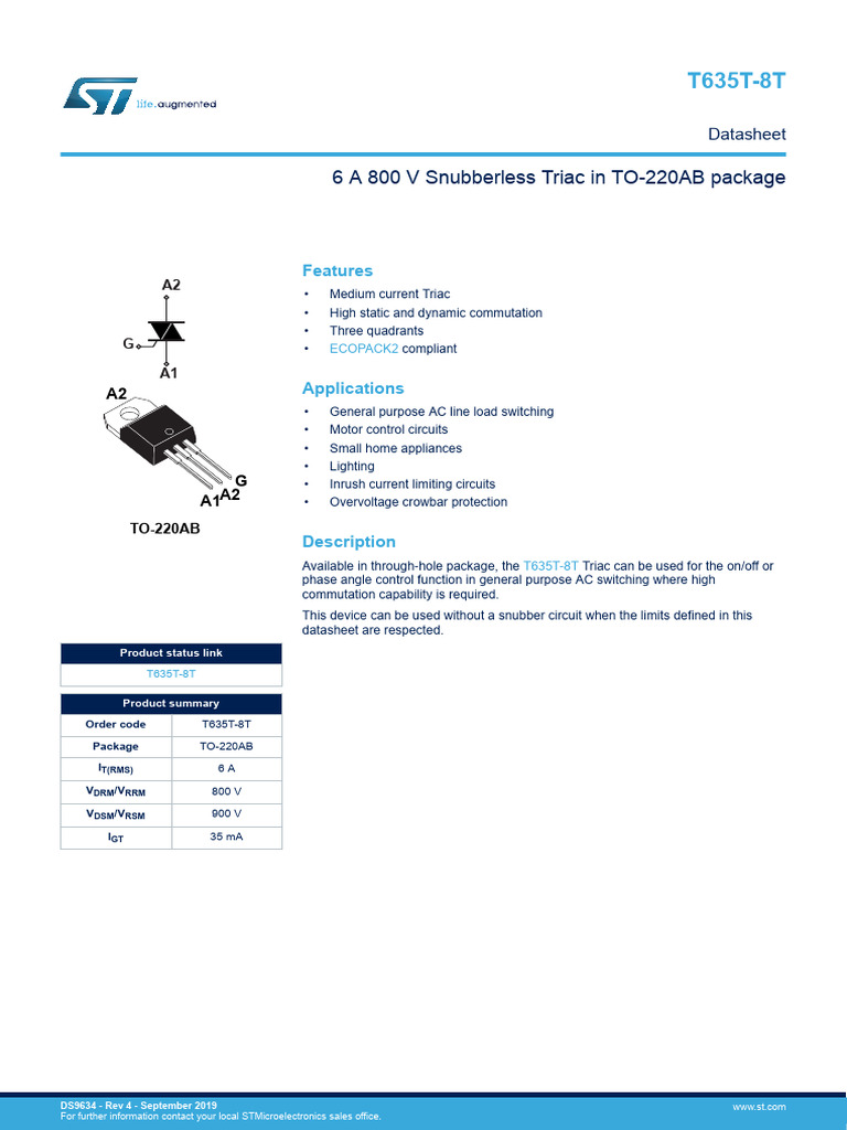 6 A 800 V Snubberless Triac in TO-220AB Package: Features | PDF