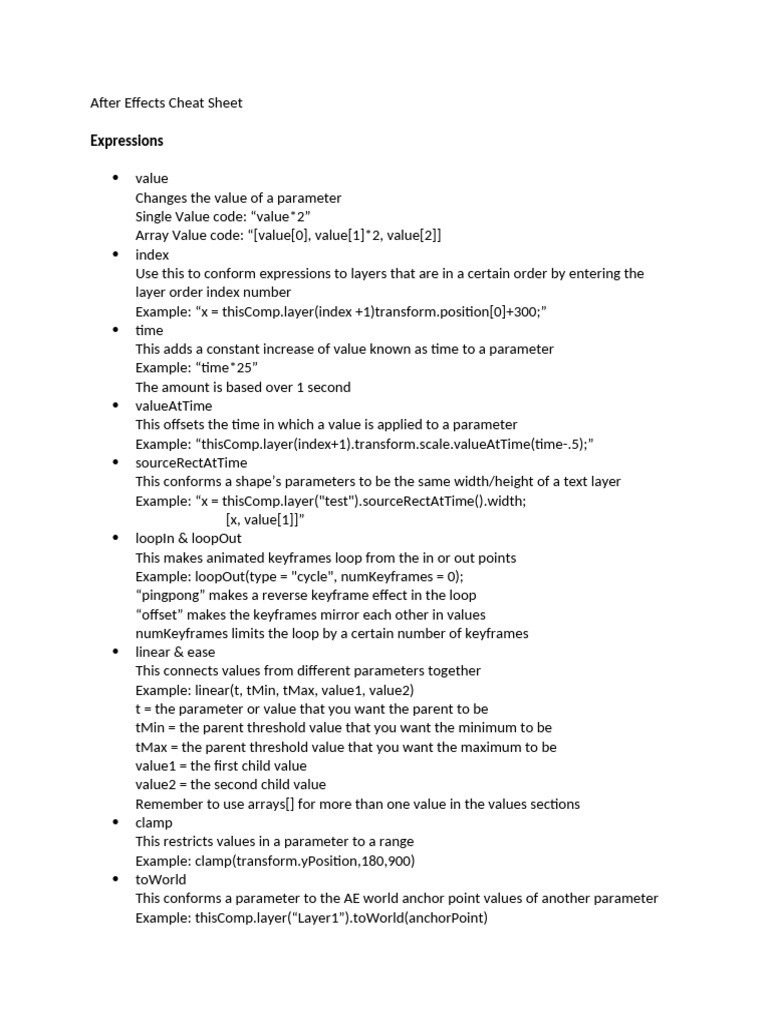 After Effects Expressions & Effects Cheat Sheet | PDF