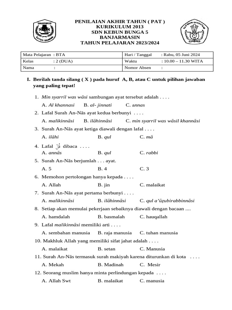 Soal Pat Bta Kelas 2 2023-2024 | PDF