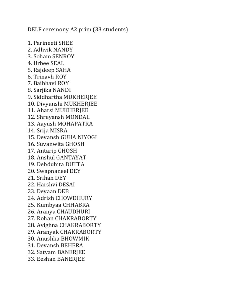 DELF Ceremony A2 Prim - Namelist | PDF