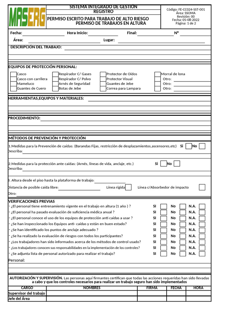 FE-CC024-SST-001 Permiso Escrito para Trabajo de Alto Riesgo ALTURA | PDF