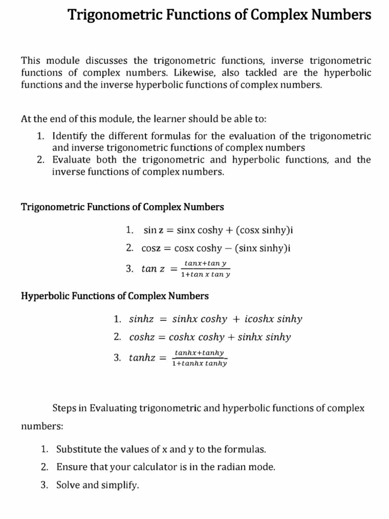 Math 632 Advanced Mathematics Week 4 Trigonometric Functions Of Complex Numbers Pdf