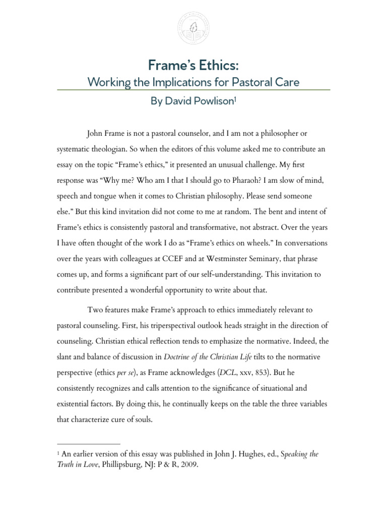 Frame's Ethics Working The Implications For Pastoral Care | PDF