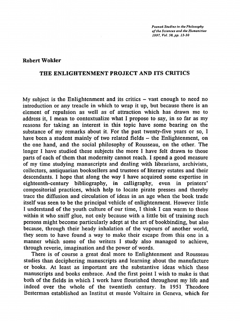 Wokler - The Enlightenment Project and Its Critics | PDF