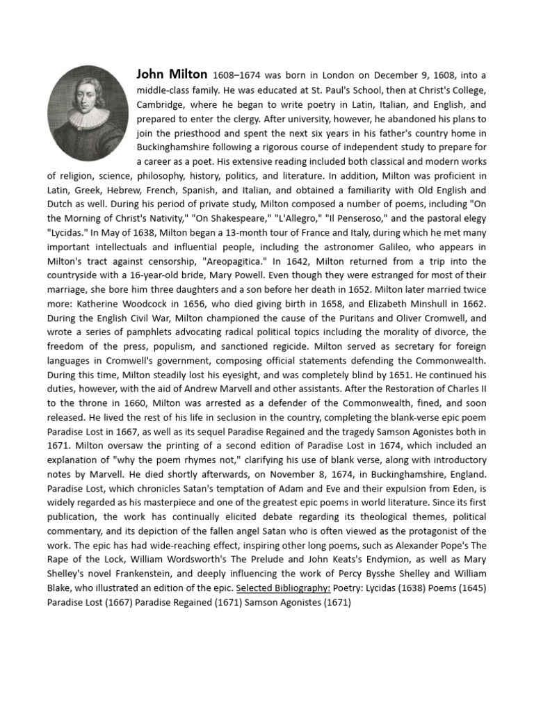 John Milton - Biography and Poem - Docx - 064004 | PDF | John Milton ...