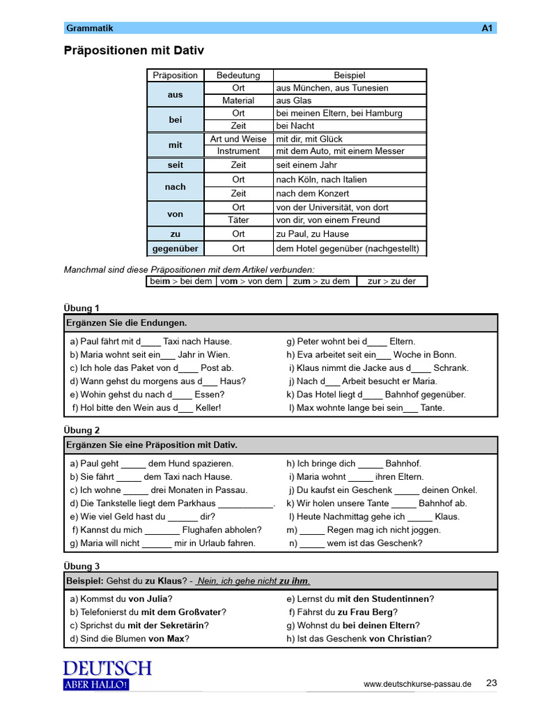 Deutsch - Aber - Hallo A1 (Präpositionen Mit Dativ) | PDF