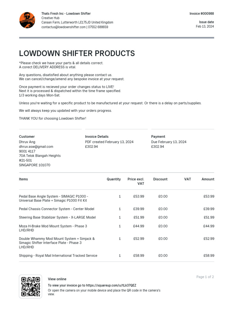 Lowdown Shifter Receipt | PDF
