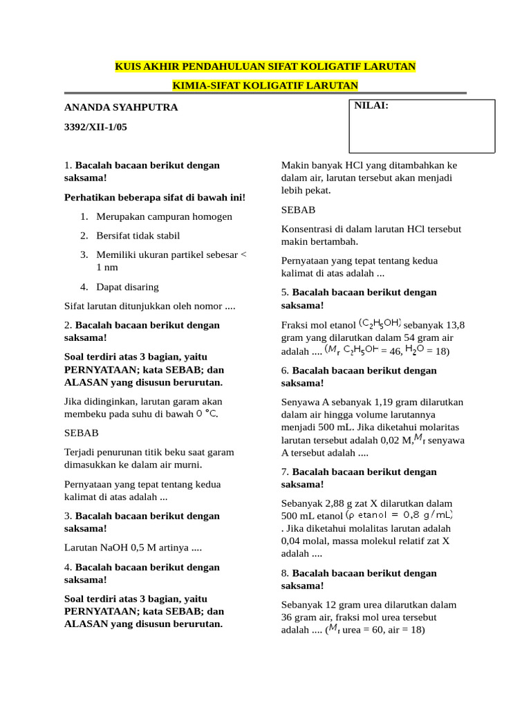 Kuis Akhir Pendahuluan Sifat Koligatif Larutan | PDF