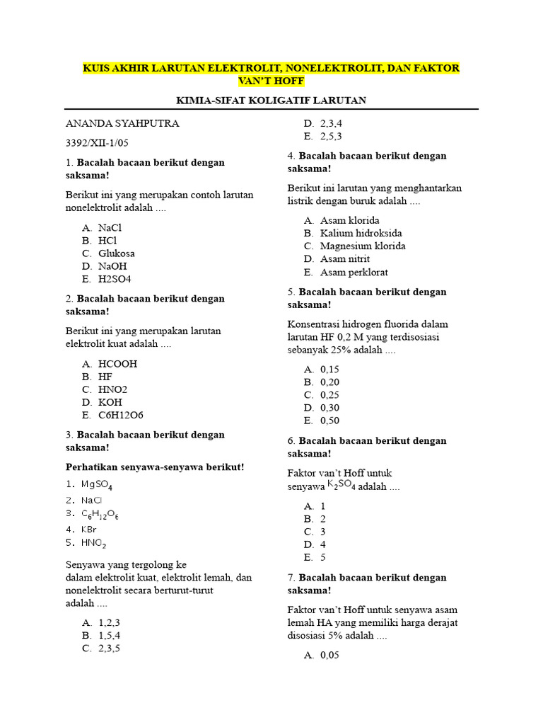 Kuis Akhir Larutan Elektrolit | PDF