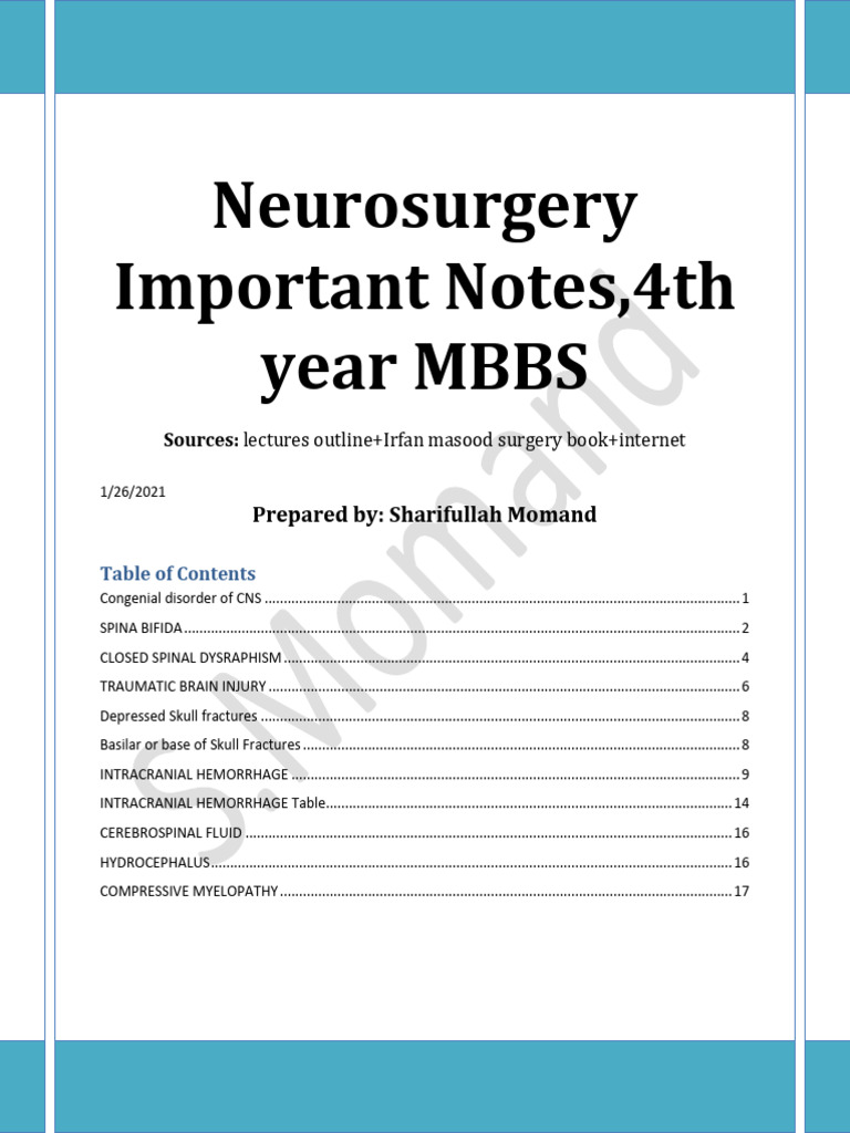 Neurosugery Notes For 4th Year Mbbs | PDF | Cerebrospinal Fluid ...