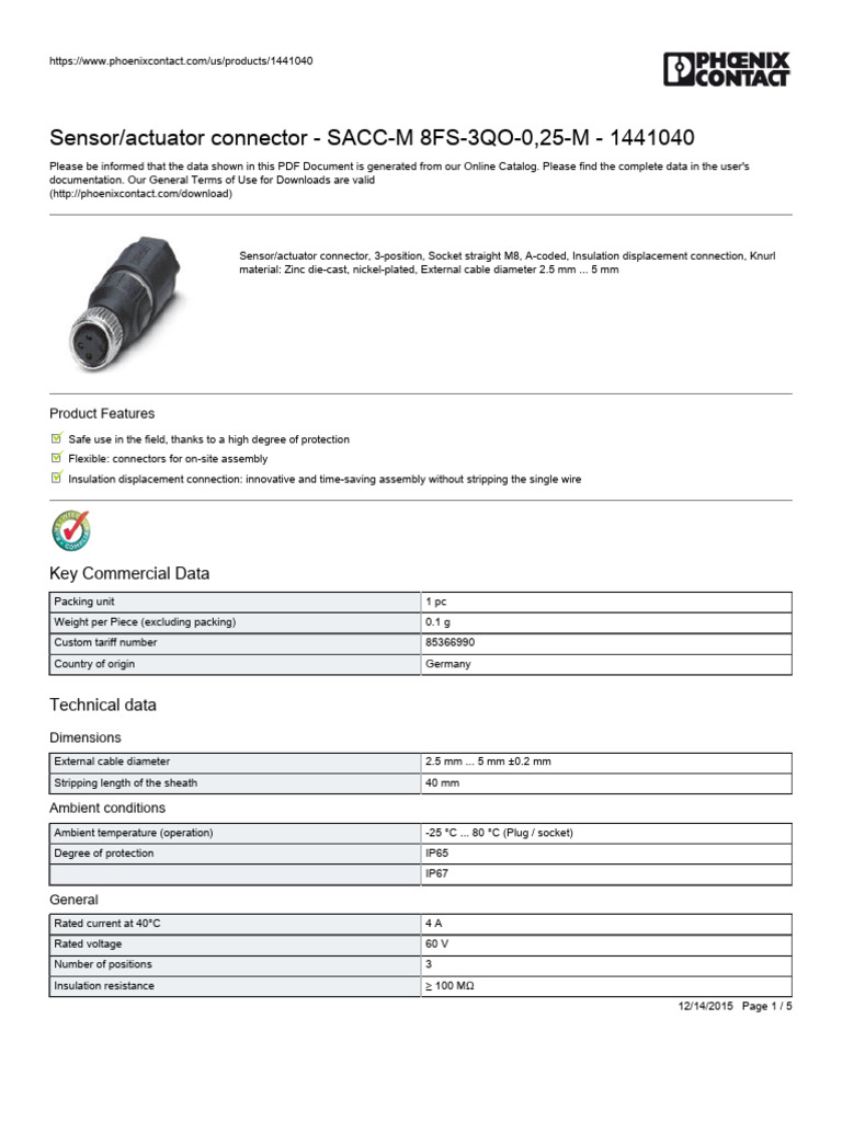 Sensor/actuator Connector - SACC-M 8FS-3QO-0,25-M - 1441040: Key ...
