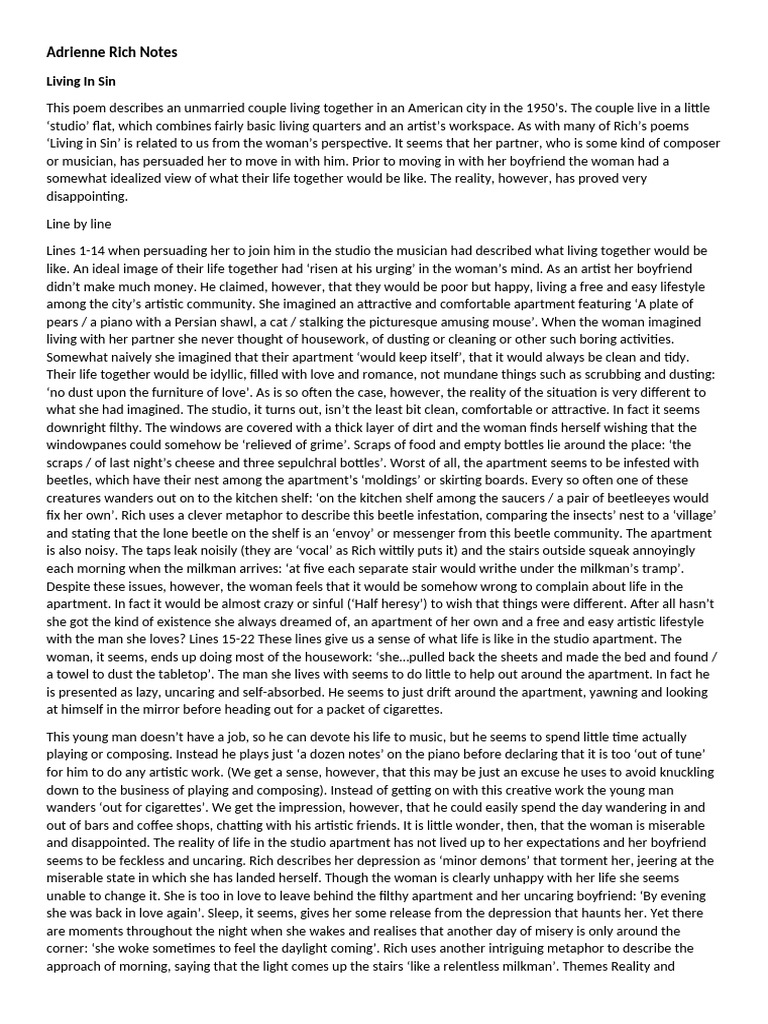 'Living in Sin' by Adrienne Rich Notes | PDF | Marie Curie | Marriage