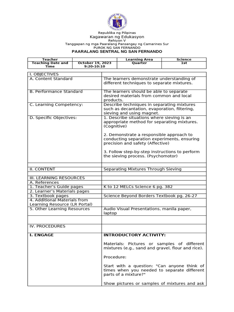 Sample Lesson Plan For Cot 1 - Science 6 | PDF